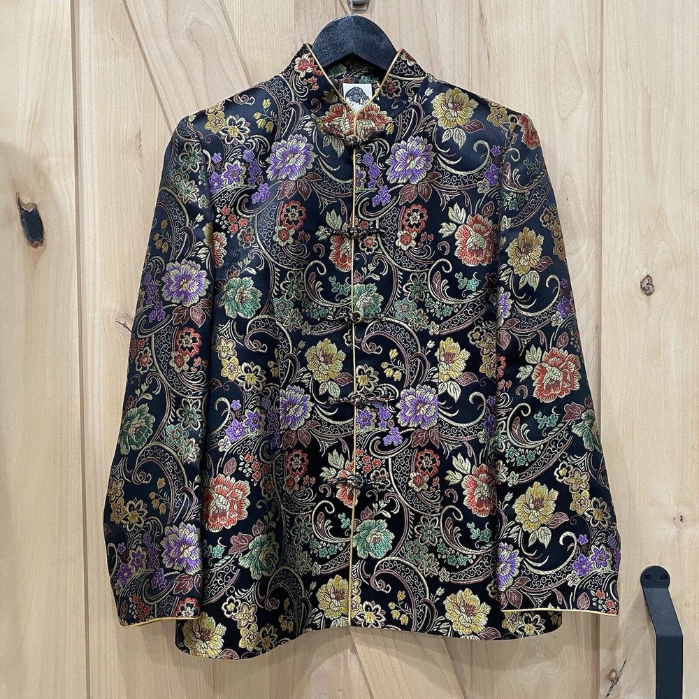 Black Floral Gold Asian Mandarin Jacket - Gem
